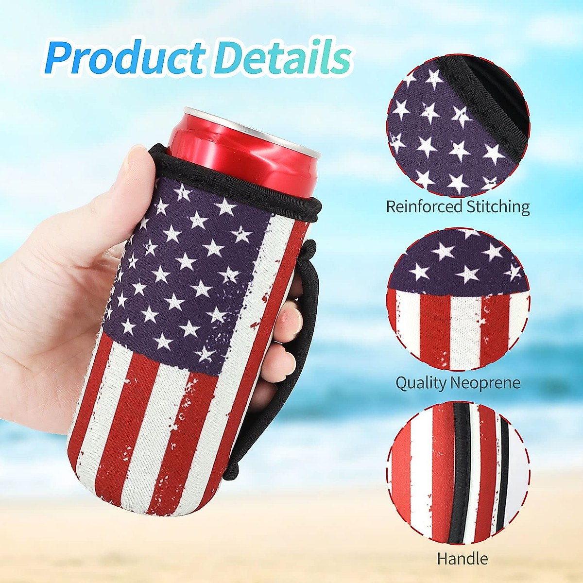 3 Pack Reusable Neoprene Insulated Can Sleeve with Handle for Soda, Energy drink, Pop, Beer, Hard Seltzer, Can Coosies For 12oz & 16oz Can, 12oz Slim can (American Flag(3Pack))
