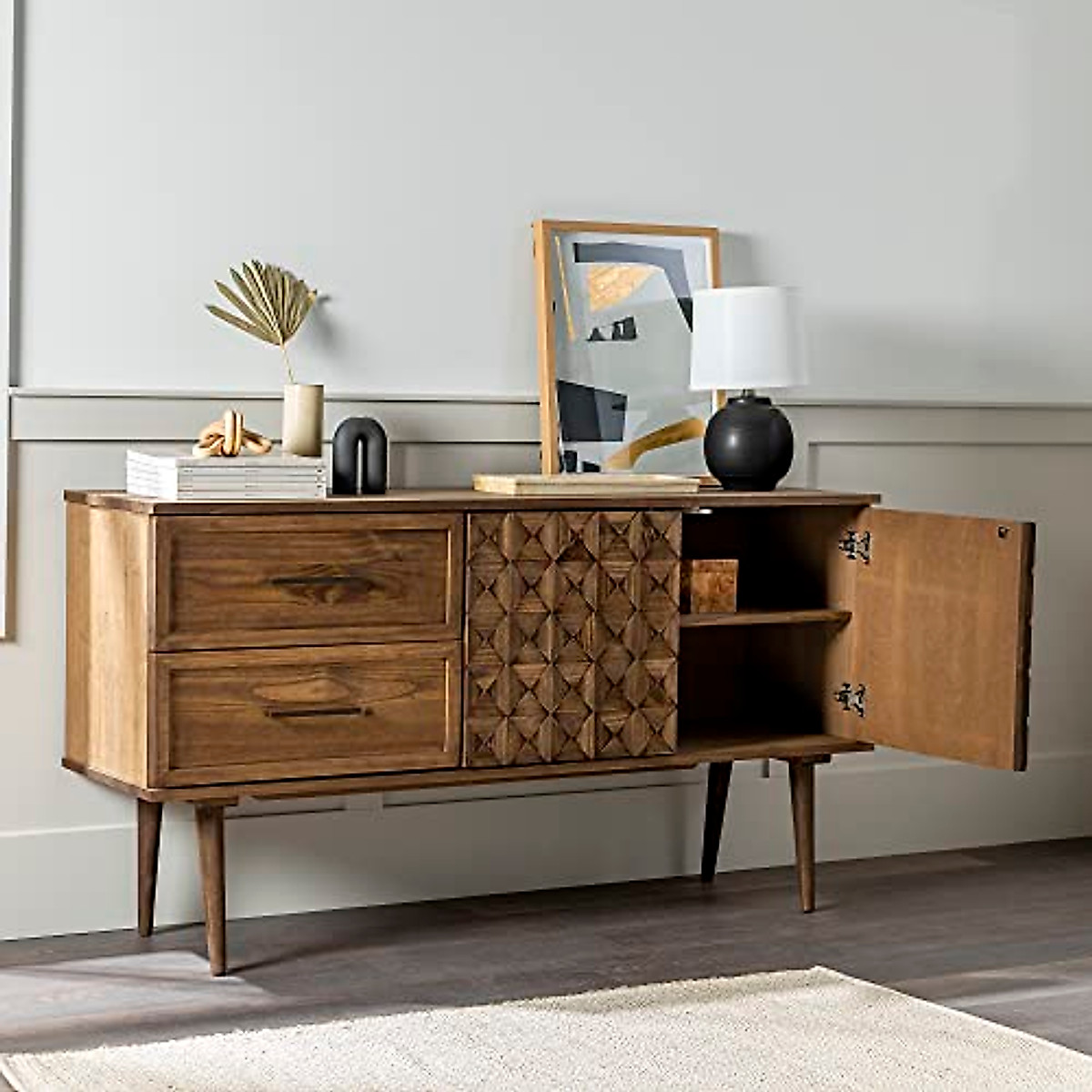 Walker Edison Deluca Boho Solid Wood 2 Door Sideboard with Prism Detail, 58 Inch, Brown