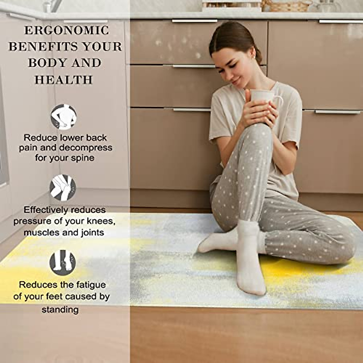 RYANZA 2 Pieces Kitchen Rugs, Abstract Anti Fatigue Non Slip Foam Cushioned Grey and Yellow Art Painting Comfort Indoor Floor Mat Runner Rug Set for Laundry Office Sink Bathroom (17"x48"+17"x24")