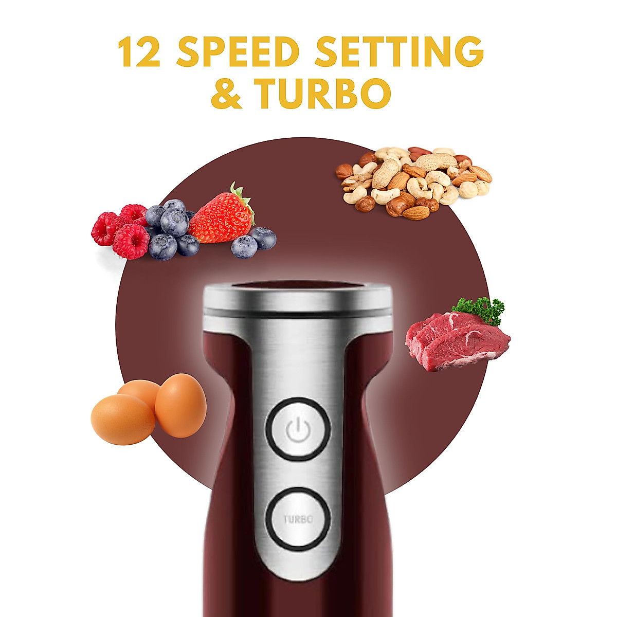 Megawise 3-in-1 Hand Blender – 12-Speed, Includes Powerful Blender Stick, Whisk, and Milk Frother – Easy to Clean and Perfect for Smoothies, and More (Red)