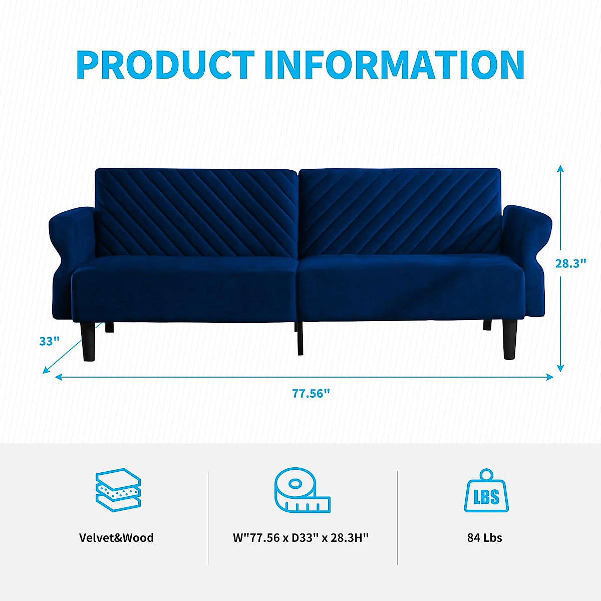 Mjkone Convertible Futon Sofa Bed | 78-in 3 Seat Couch | Folding Upholstered Sleeper Sofa with Adjustable Backrest & Armrest | Velvet Fabric | Couch for Living Room | Apartment Couches (Blue)