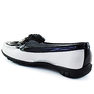 Womens Casual Comfortable Genuine Leather Lightweight Performance Soft Spiked Breathable Cushion Support Slip-On Golf Shoe White Grainy 6