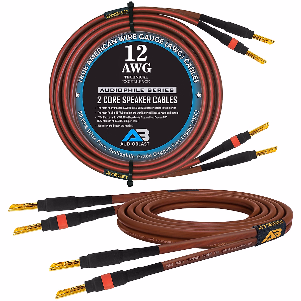 Audioblast HQ-SPK-AP2HD-12AWG - 10 Foot – 2 Core (99.99% OFC) Ultra-Flexible Audiophile Speaker Cable Pair w/Eminence Gold Plated Banana Plugs - 12 Gauge