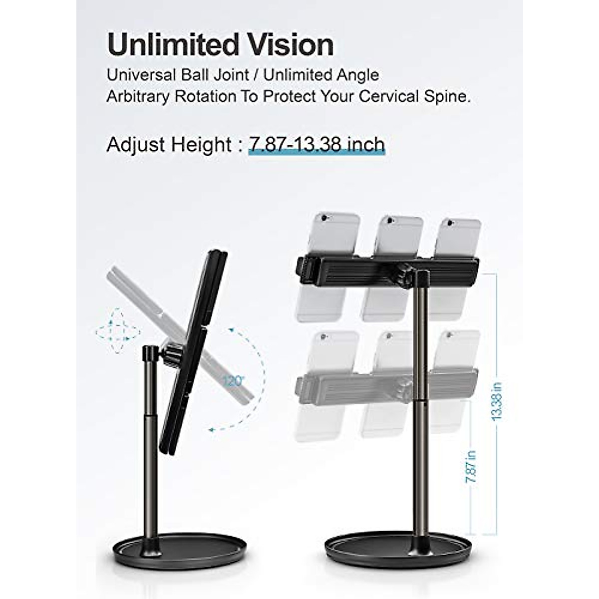 Phone Stand,Cell Phone Stand of Desk,Multi-Phone Holder,Adjustable Height,Unlimited Vision,Stable Base,Support All Phones and Screens from 2-15.6 inch+4.7 inch,(iPhone, Android,Switch,etc.),