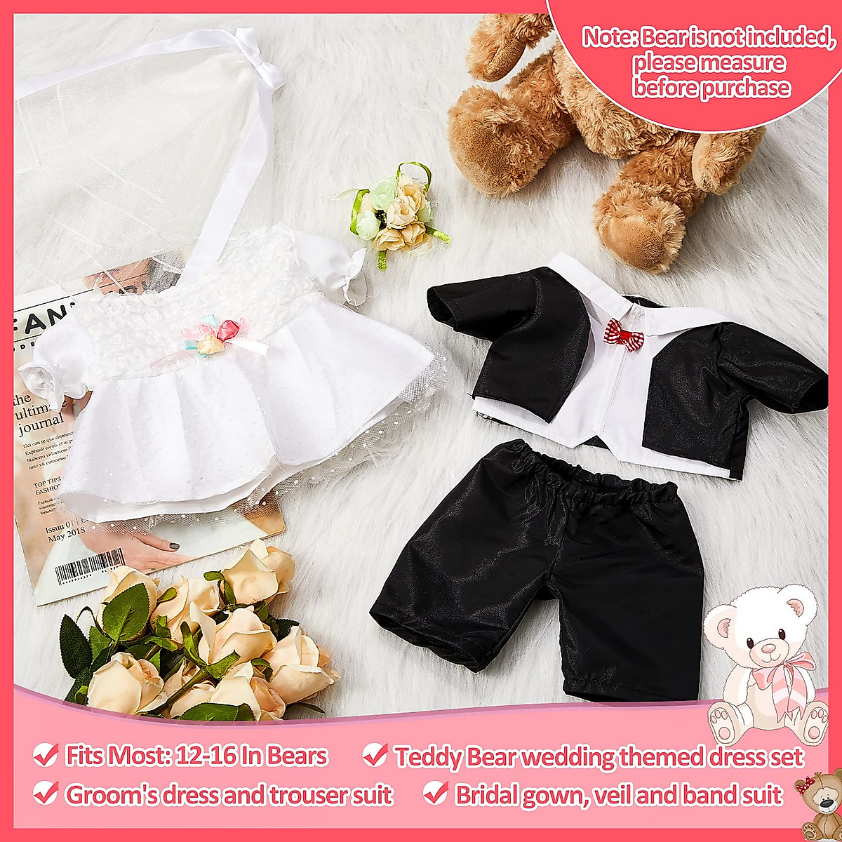 Civaner 2 Sets of Bear Clothes Bear Outfits of Groom's Tuxedo Suit and Bridal Dress Set, The Bear is Not Included, Fit 14-16 Inch Bears, Bear Clothes