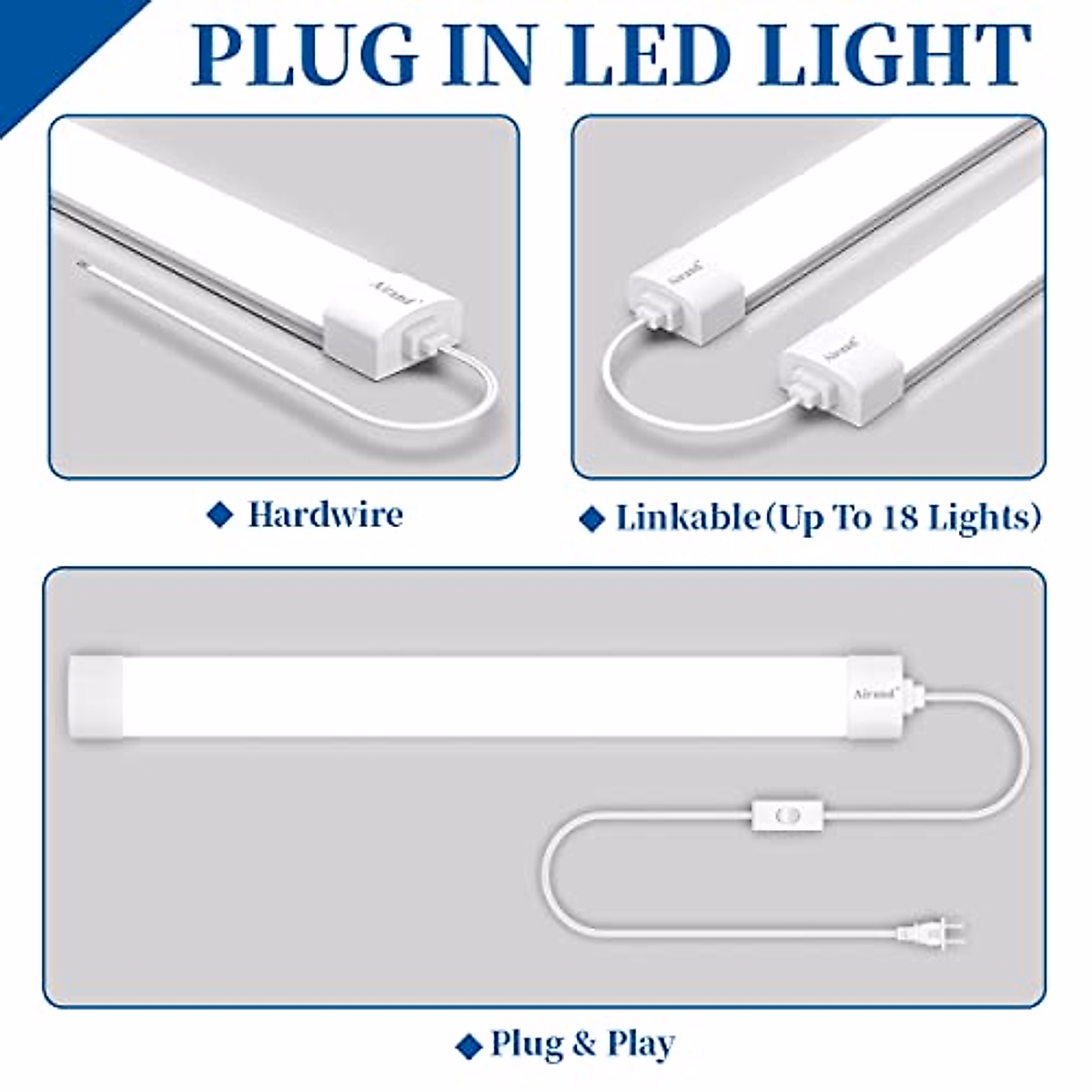 Airand Utility LED Shop Light Fixture 2FT 4FT with Plug, Waterproof Linkable LED Tube Light 5000K Under Cabinet Lighting,1800 LM LED Ceiling and Closet Light 18W, Corded Electric with ON/Off Switch