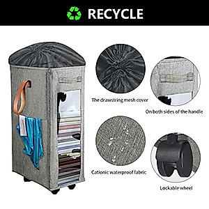27" Slim Laundry Hamper, 65L Large Foldable Rolling Laundry Basket Carts with Handle and Wheels Waterproof & Breathable Mesh Liner for Dirty Clothes Storage (Grey)