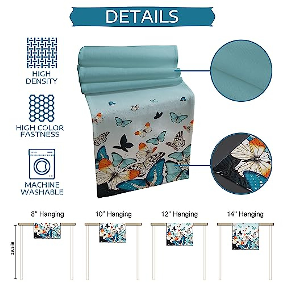 Lsrtoss Teal Ombre Table Runner 72 Inches Long Farmhouse Dress Scarves, Blue Orange Butterfly Modern Abstract Art Dining Tablerunner for Coffee Table/Kitchen Island/Party Décor, 18" x 72"