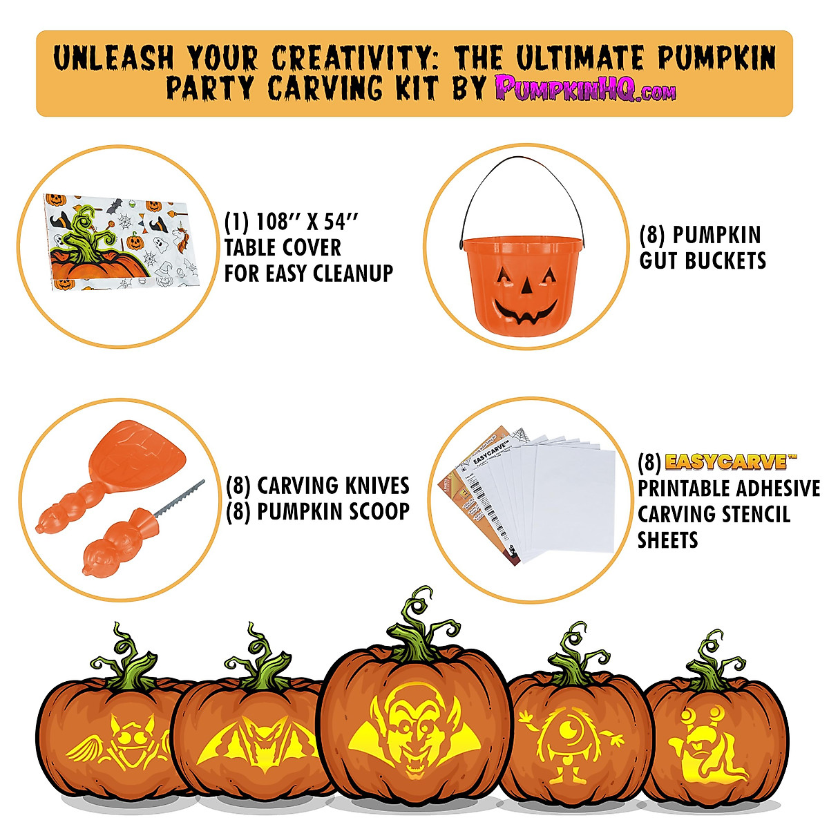 Halloween PumpKin Carving Party Kit – 8 Pcs Knives, Scoops, DIY Stencil Sheets, Gut Buckets & Table Cover – Heavy Duty Pumpkin Carving Kit for Halloween Door Decorations – Designed for 8 people