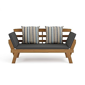 Greemotion Velden Certified Acacia Natural Finish Wood Sofa Narrow Daybed Small Loveseat Patio Sofa Bed Patio Lounge Bed Wood Couch, Outdoor Convertible Daybed Porch Loveseat with Gray Cushion