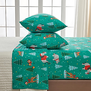 Great Bay Home 3 Piece 100% Turkish Cotton Twin Christmas Flannel Sheet Set | Kids Holiday Printed Bedding Sheets & Pillowcases | Double-Brushed Flannel Bed Sheets (Twin, Safari Animal Christmas)
