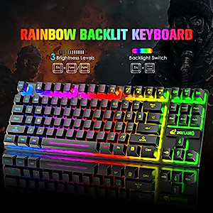 Wireless Gaming Keyboard and Mouse Combo,Rainbow Backlit Rechargeable 3800mAh Battery,87 Keys Mechanical Feel Ergonomic Waterproof Keyboard,RGB Gaming Mute Mouse and Mousepad for PC Gamers (Black)