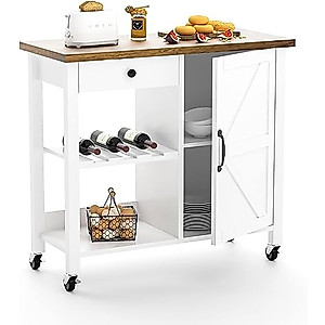 4 EVER WINNER Kitchen Island Cart on Wheel with Storage, 31" Farmhouse Island Table with Storage Drawer & Cabinet, Adjustable Shelf, Wine Rack,Rolling Small White Kitchen Coffee Cart for Dining Room