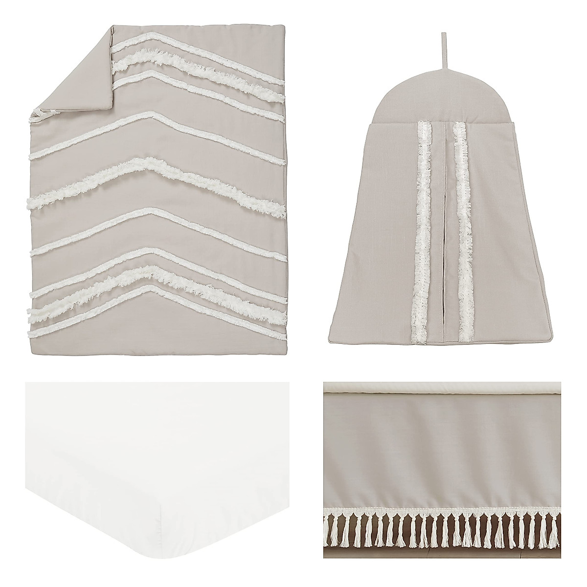 Sweet Jojo Designs Boho Bohemian Baby Boy Girl Nursery Crib Bedding Set - 4 pcs - Solid Taupe Beige Ivory Cream Off White Linen Farmhouse Shabby Chic Designer Modern Minimalist Tufted Tassel Macrame