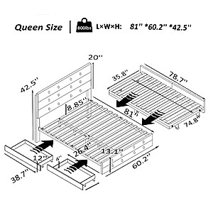 WII UWILL Platform Queen Bed Frame with 2 Storage Drawers and a Twin Size Trundle,Upholstered Bed with Tufted Headboard,Suitable for Kids/Teen/Adults,No Box Spring Needed, Easy Assembly