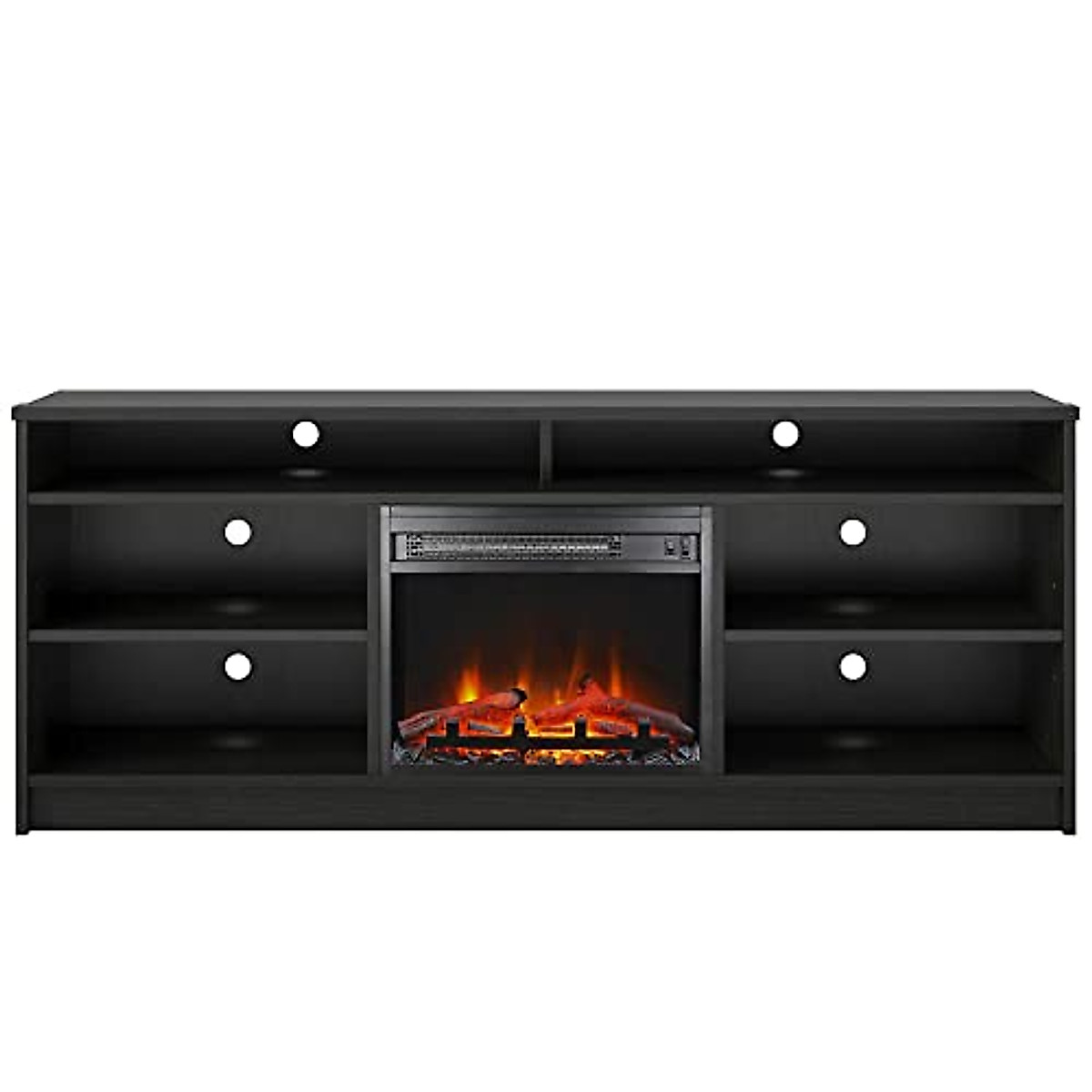 Ameriwood Home Hendrix 65" TV Stand with Electric Fireplace Insert and 6 Shelves, Black Oak
