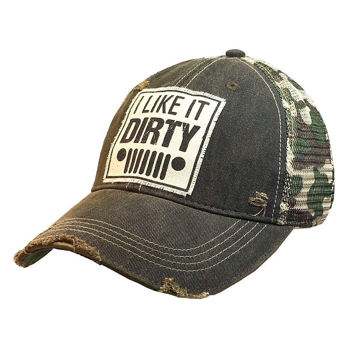 VINTAGE LIFE Distressed Baseball Caps Funny Trucker Hats with Sayings, Unisex (I Like It Dirty (Black camo))
