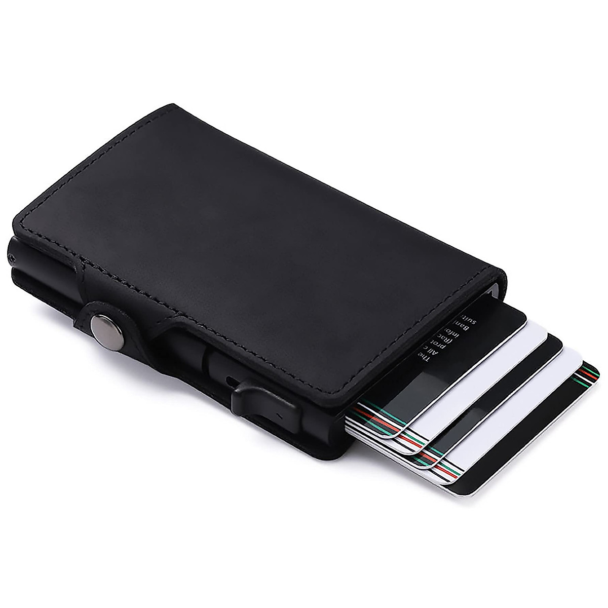 TNE Airtag Wallet (Airtag not Included) Genuine Leather Credit Card Money Holder Automatic Pop Up Mini Aluminum Wallet with Zipper Coin Pocket | Airtag Case Men or Women Air Tag Cover (Black)