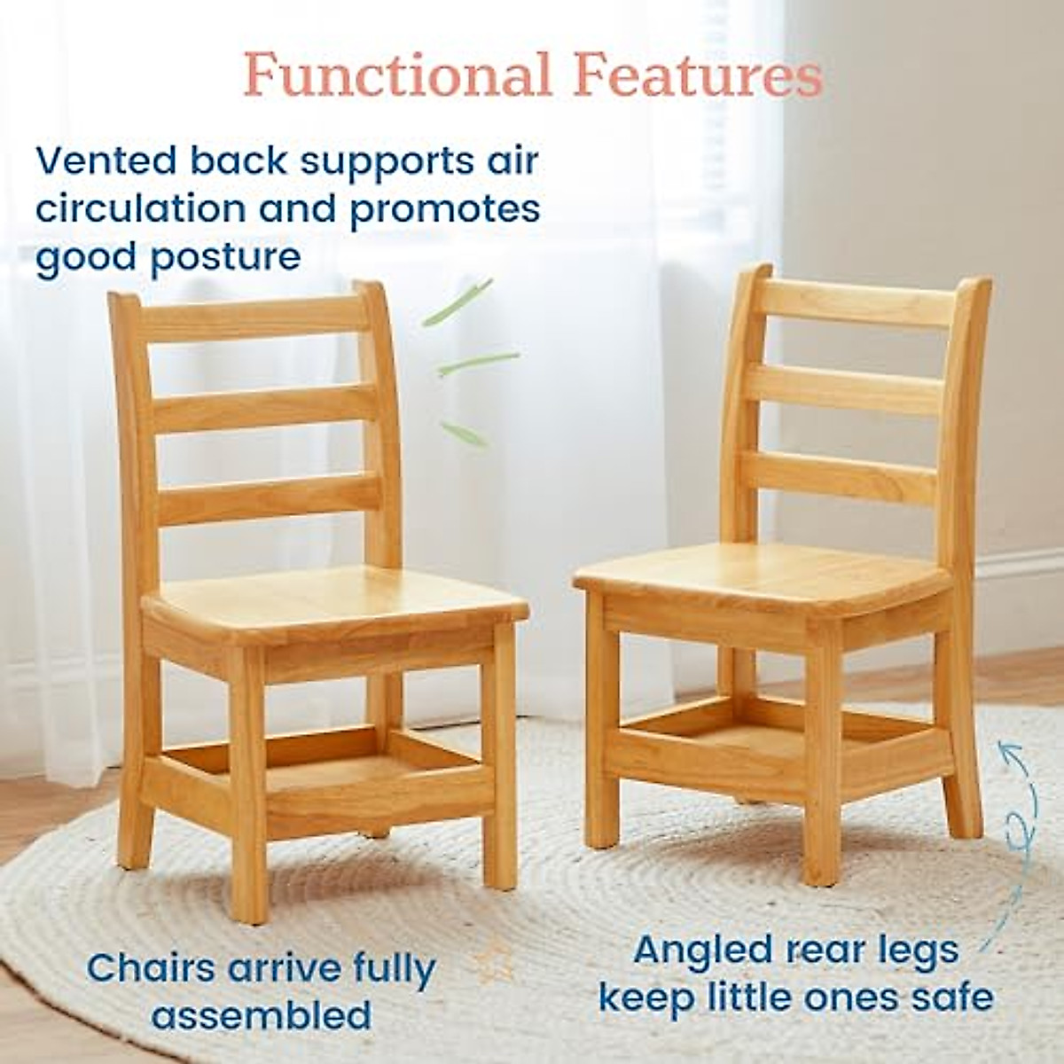 ECR4Kids Three Rung Ladderback Chair with Storage, 12in Seat Height, Classroom Seating, Natural, 2-Pack