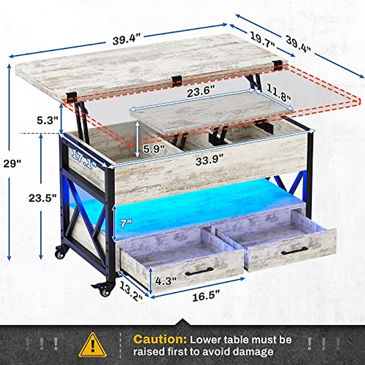Itaar 40" Lift Top Coffee Table, 4 in 1 Coffee Tables with Storage for Living Room, Small Farmhouse Coffee Table with 2 Drawers & LED Light for Dining Reception Room, Rustic White