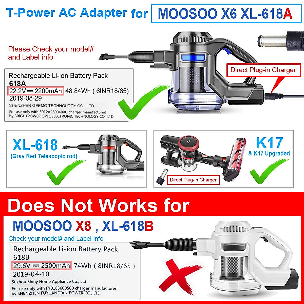 T POWER 26V Charger for Moosoo X6 XL-618 XL-618A K17 Pro K17Pro VC01 M24 M8 VACX6 XL618A S012A2600400U GeeMo G201 Ultra-Light Cordless Stick Vacuum Cleaner Ac Dc Adapter Class 2 Power Supply