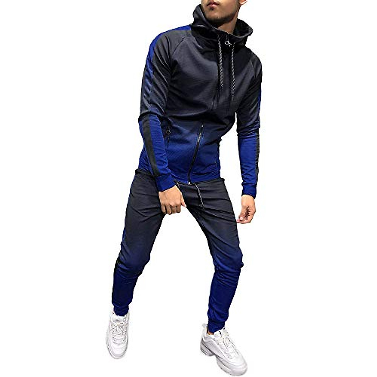 Men's Pullover Winter Workout Thenlian Mens Autumn Winter Packwork Print Sweatshirt Top Pants Sets Sport Suit Tracksuit(Blue, XXXL)