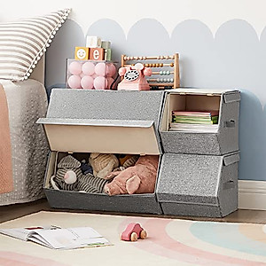 SONGMICS Set of 4 Stackable Storage Bins, Fabric Storage Boxes with Lids, Stackable Storage Cubes with Magnetic Closures, a Semi-Open Front, Lid Can Stay Open after Stacked up, Gray URLB22GY