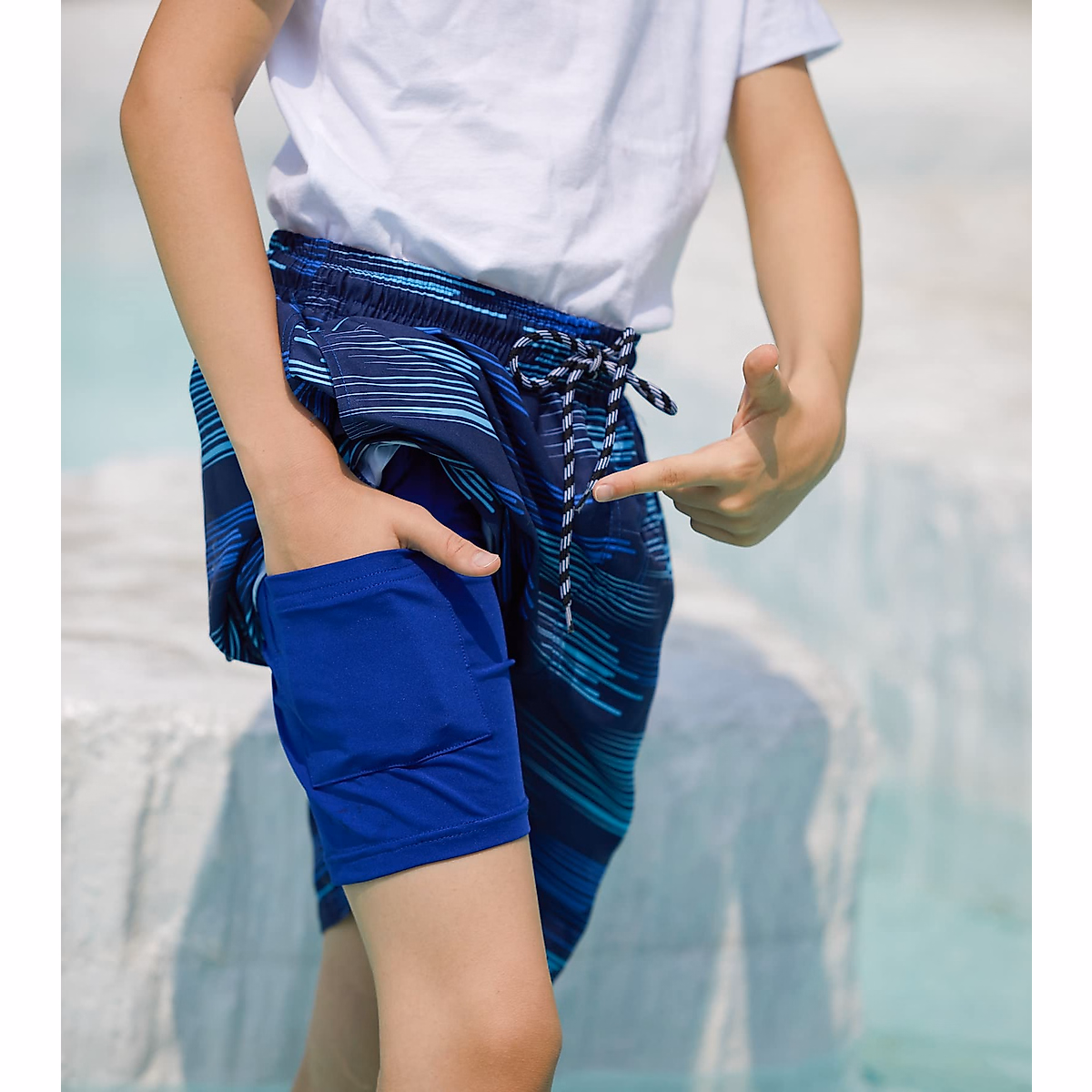 Cozople Boys Swimming Trunk with Boxer Brief Liner UPF Swim Shorts Compression Stretchy Bathing Suits Blue Grass Boardshorts Quick Dry Swimwear Size 10-12