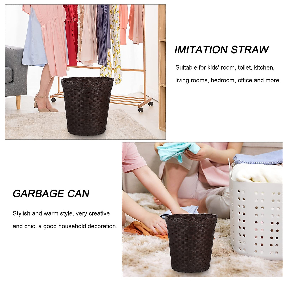 Healvian Home Decor Woven Waste Basket Paper Wicker Trash Can Round Wastebasket Garbage Bin for Bathroom Essentials Sundries Laundry Storage Basket Coffee Laundry Basket