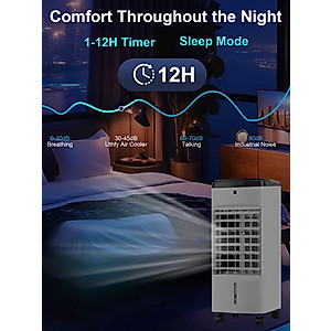 Uthfy Evaporative Air Cooler, 3 In 1 Swamp Cooler with 6 Ice Packs, Remote, 12H Timer, Portable Evaporative Cooler with 70° Oscillation, 3 Speeds, 3 Modes, Cooling Fan for Bedroom, Living Room, Office