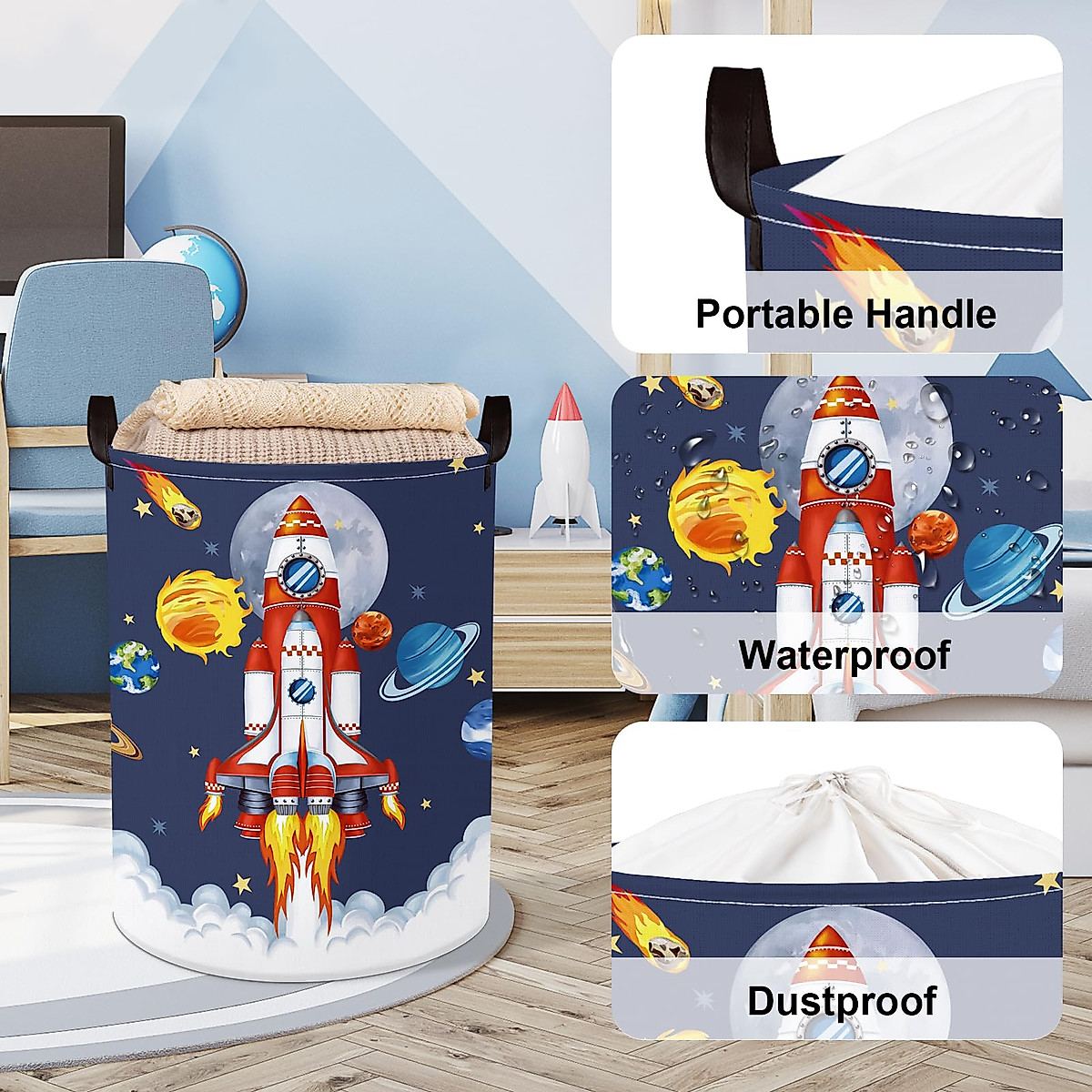 Clastyle 45L Space Rocket Launch Boy Toy Storage Basket Blue Planets Clothes Laundry Hamper for Baby Nursery Room