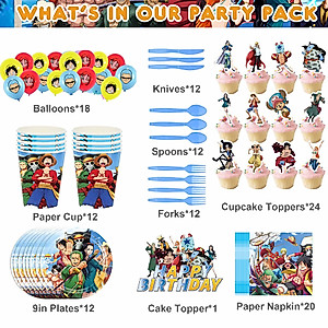 176Pcs One Piece Birthday Party Supplies, Anmie Birthday Party Decorations for 12 Guests, Include Happy Birthday Banner, Backdrop, Tableware Set, Tablecover, Cake Toppers, Balloons Set and Stickers