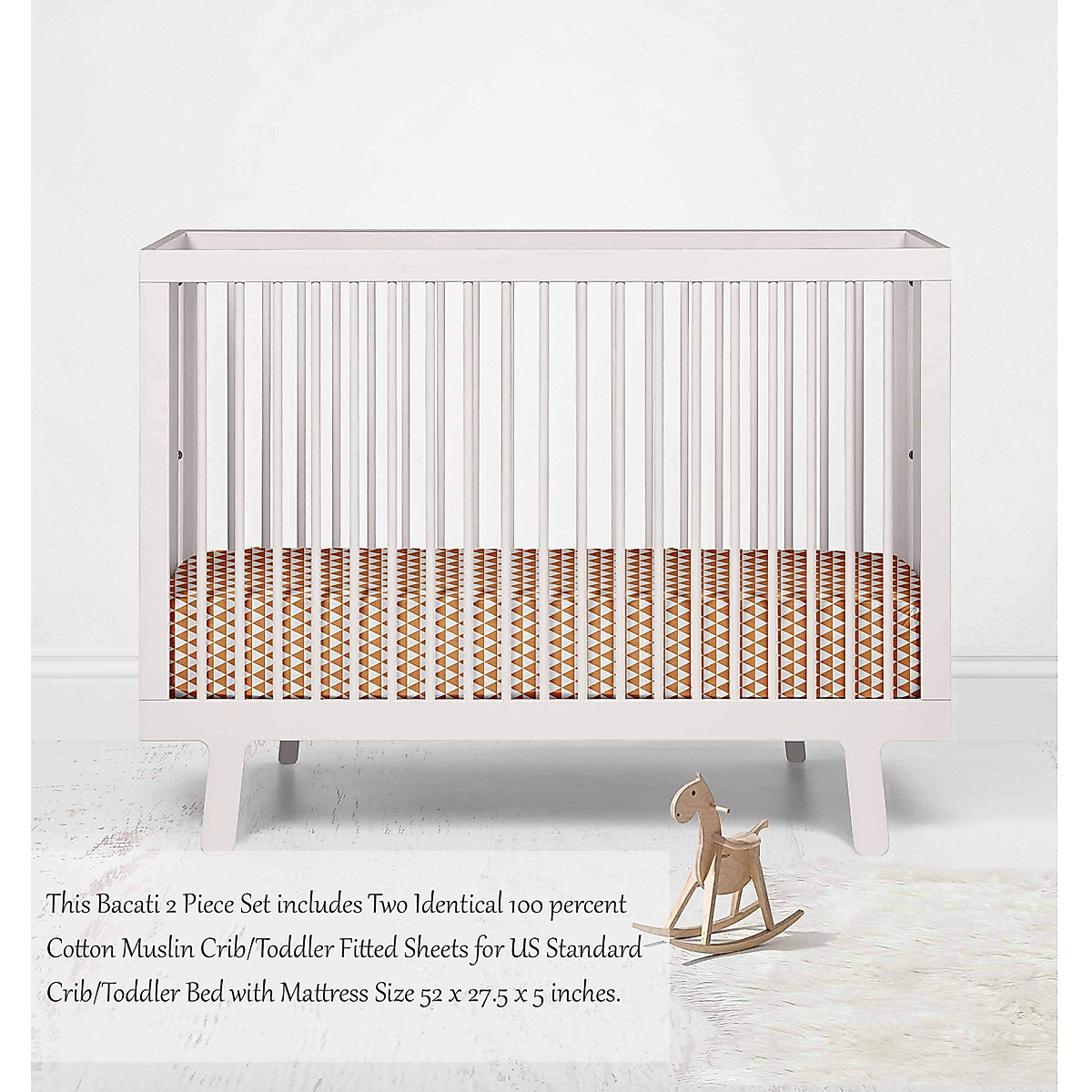 Bacati - 2 Pack Tribal/Aztec/Triangles Silky Soft Breathable 100% Cotton Muslin Baby Crib Fitted Sheets - Fits Standard 28 x 52 x 5 Crib & Toddler Mattresses (Orange Triangles)