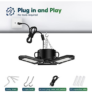 ANYPOWK Plug in Linkable LED Garage Light with ON/Off Switch - 6000 Lumen 6500K Daylight 60W, Three Leaf Led Garage Ceiling Lights, Pack of 2