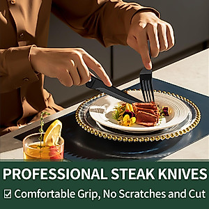 Black Hammered Silverware Set, 24-Piece Stainless Steel Square Flatware Set with Steak Knives for 4, Food-Grade Tableware Cutlery/Utensil Sets for Home Restaurant, Mirror Finish, Dishwasher Safe