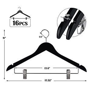 HOUÍSM Wooden Suit Hangers Skirt Hangers with Clips, 16Pack Solid Wood Pants Hangers with Heavy-Duty Clips, Premium Smooth Finish Black Wooden Hangers for Clothes Coat, Jeans, Blouse
