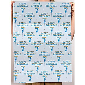 CENTRAL 23 Boys Wrapping Paper Birthday - Age Seven - 6 Sheets Blue Gift Wrap - Happy Birthday Wrapping Paper For His 7th Birthday - Comes With Stickers - Recyclable