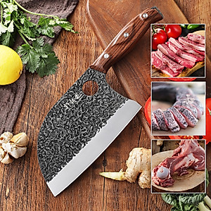 3PCS Butcher Knife Set, 7" Butcher Meat Cleaver, 7" Serbian Chef Knife and 6.5" Viking Knife, Hand Forged Kitchen Knife Set with Plastic Handle, Geat for Home, Camping, BBQ (Unique Finger Hole Design)