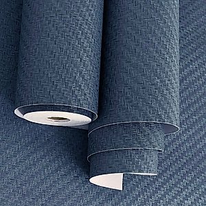 Haimin Fabric Wallpaper Textured Contact Paper (24in X 393in) Navy Blue Grasscloth Wallpaper Peel and Stick Faux Linen Wall Paper Self-Adhesive Vinyl Wallpaper Looks Like Woven Straw…