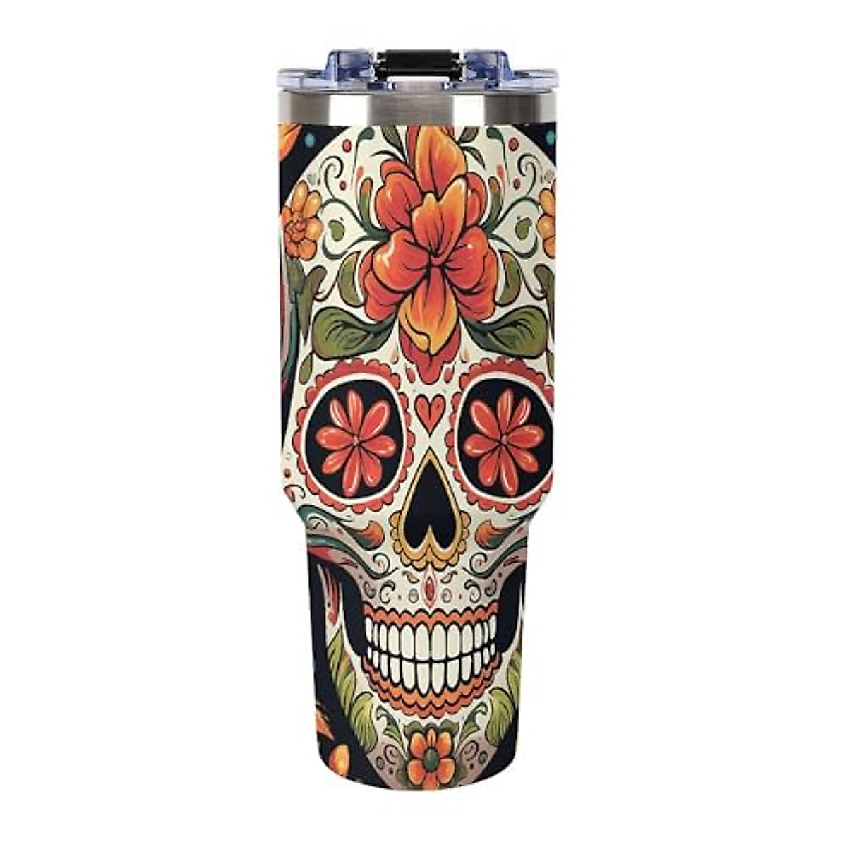 HJUQNGF 40 Oz Personalized Tumbler with Handle And Straw Colorful Sugar Skull Stainless Steel Insulated Tumblers Reusable Car Thermal Cup Travel Coffee Mug for Women Men