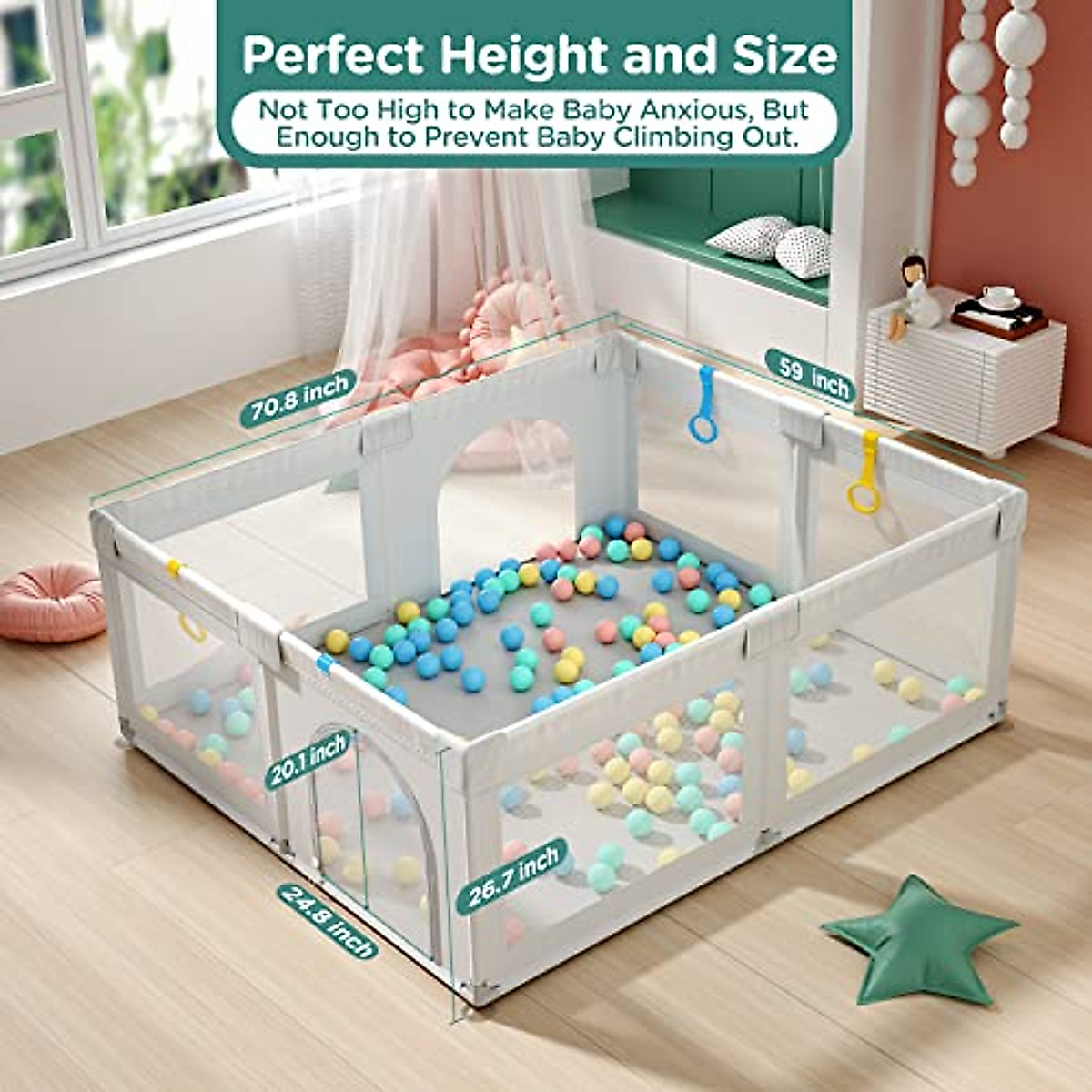 Baby Playpen,Playpens for Baby Anti-Fall Playpen, Large Playpen for Toddlers, Cherrysea Kids Safety Play Center Yard with Gate Sturdy Baby Fence Play Area with 4 Pull Rings and 30Pcs Ocean Ball