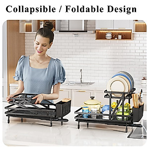 Dish Drying Rack - Large 2 Tier Dish Racks for Kitchen Counter, Collapsible Dish Drainer with Utensil Holder for Dishes, Knives, Spoons and Forks, Black