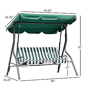 Outsunny 3-Person Porch Swing with Canopy, Patio Swing Chair, Outdoor Canopy Swing Bench with Adjustable Shade, Cushion and Steel Frame, Green