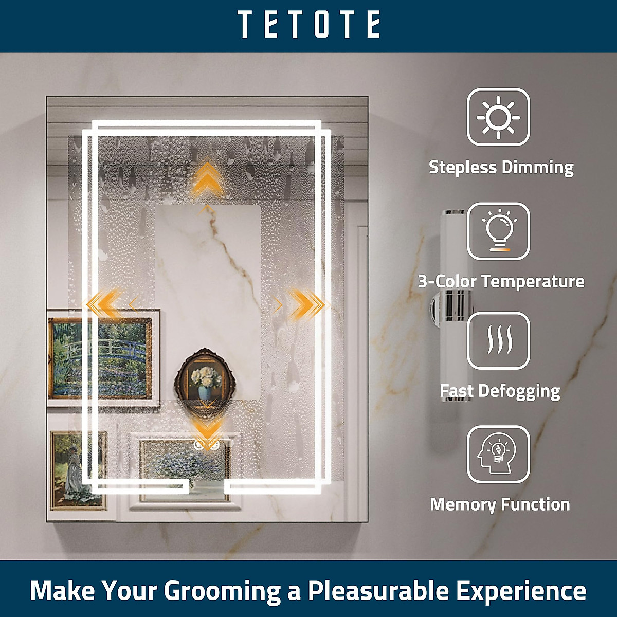 TETOTE Medicine Cabinet Bathroom LED Mirror 30x32 Inch 3 Colors Stepless Dimming Anti-Fog Memory Funtion Surface Recessed Wall Mounted Medicine Cabinets