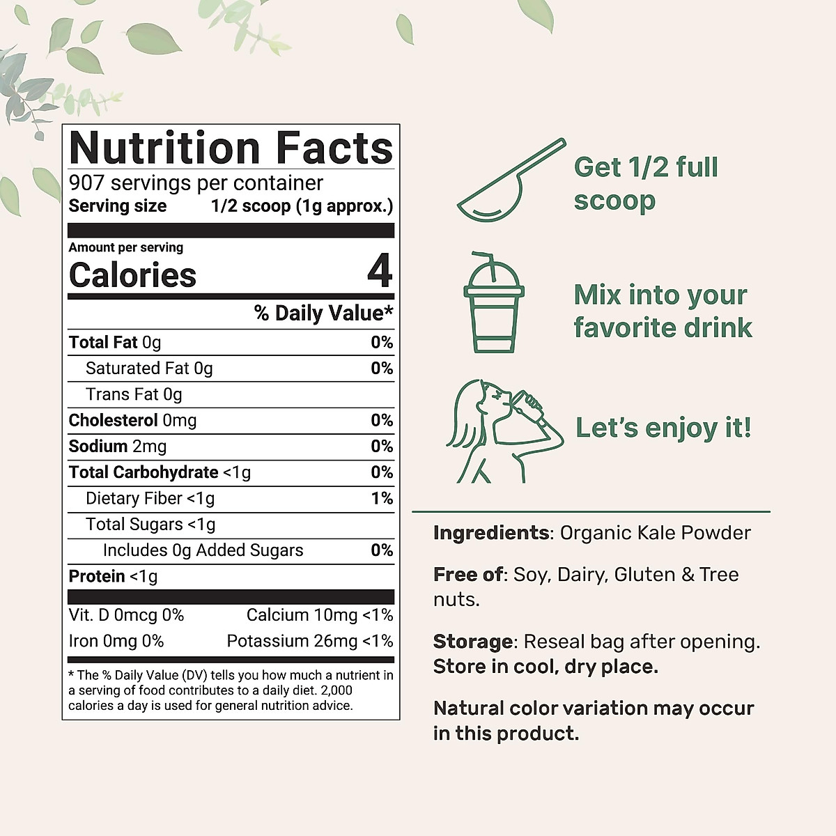 Sustainably US Grown, Organic Kale Powder, 2 Pounds | Fresh Freeze Dried Source | Nutrient-Dense Greens Superfood | Kale Tea and Green Drink Mix | 907 Servings, No GMOs, Vegan Friendly