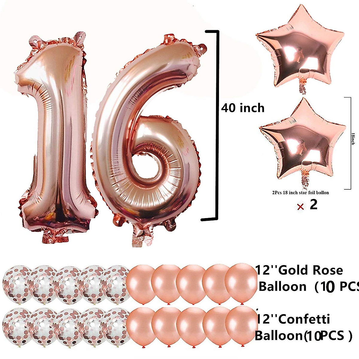 16th Birthday Decorations Party Supplies, Jumbo Rose Gold Foil Balloons for Birthday Party Supplies,Anniversary Events Decorations and Graduation Decorations Sweet 16 Party,16th Anniversary
