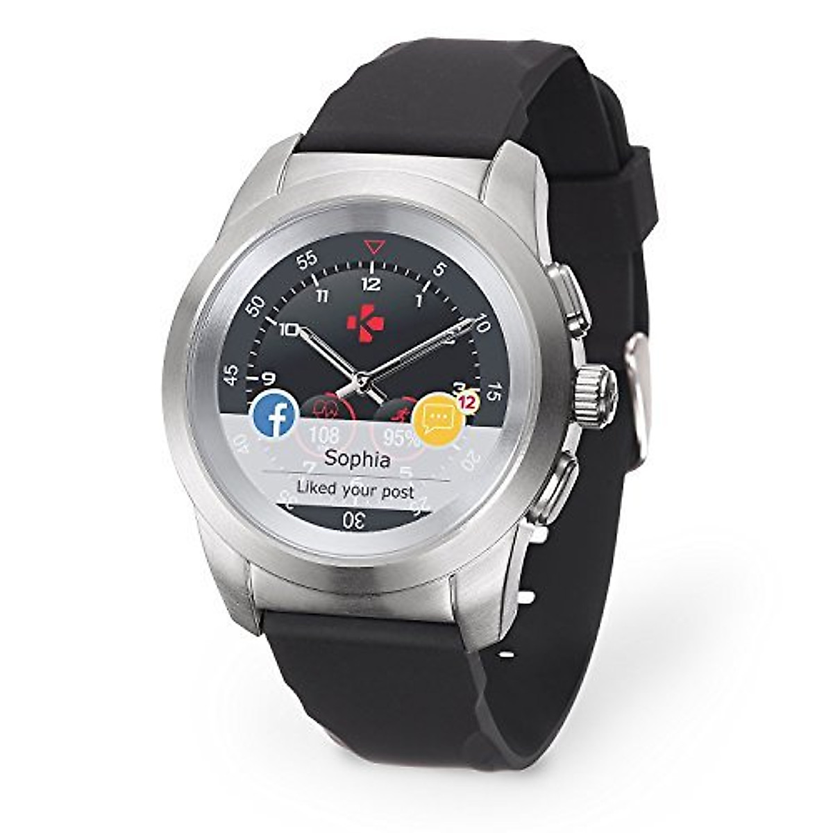 MyKronoz ZeTime Original Hybrid Smartwatch 44mm with Mechanical Hands Over a Color Touch Screen – Brushed Silver/Black Silicon Flat - Best Kickstarter 2017 (Renewed)