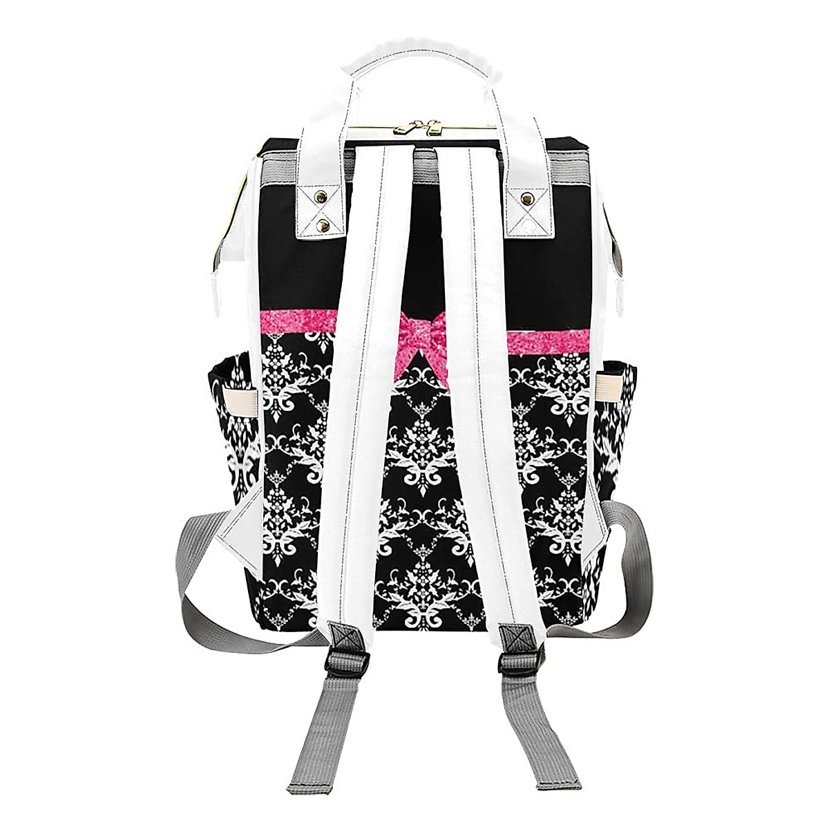 Black White Damask Pink Glitter Bow Diaper Bag Backpack with Name for Men Women Custom Personalized Nursing Baby Bags Shoulders Travel Bag Daypack