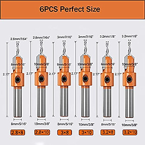 Countersink Drill Bit Set, Wood Hole Timber Working Drill Bits for Wood Screw Cutter Adjustable with Hex Key Wrench 6 Sizes 2.8×8, 2.8×10, 3×8, 3×10, 3.2×8, 3.2×10