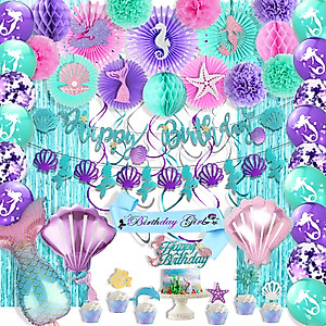 Hombae Mermaid Birthday Decorations, Mermaid Party Decorations Supplies Kit, Mermaid Cake Decorations, Mermaid Theme Birthday Decorations, Mermaid Banner Cake Topper Paper Fans with Cute Cut Outs